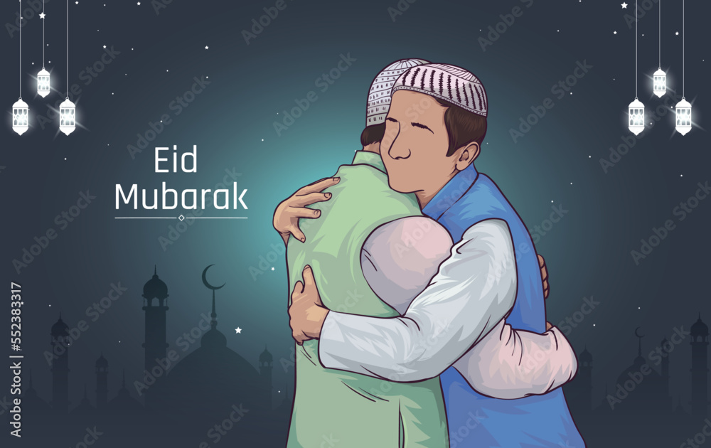 Muslim man hugging and wishing to each other on occasion of Eid. Colorful Eid Mubarak banner ...