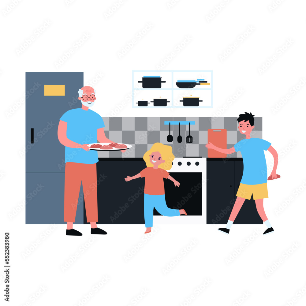 Grandpa cooking with his grandchildren in kitchen. Flat vector ...