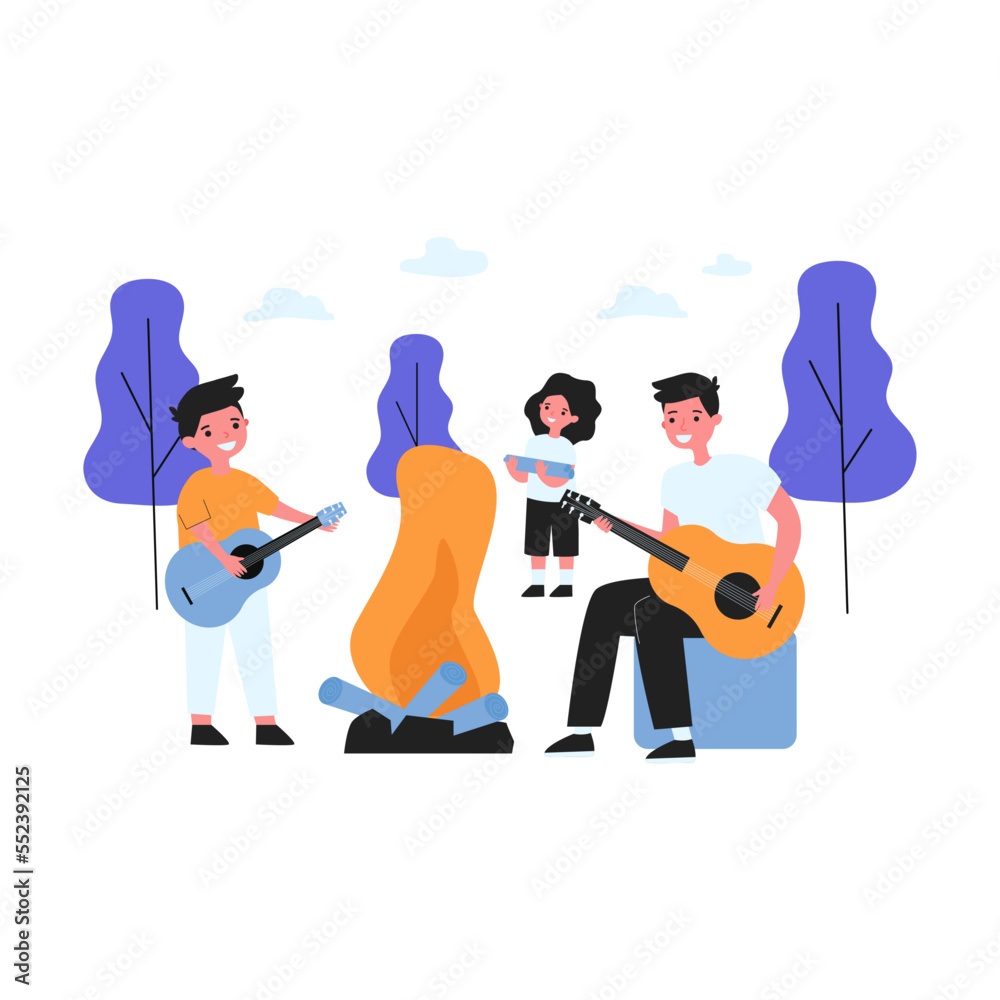 Cartoon children playing guitar in summer camp. Flat vector ...