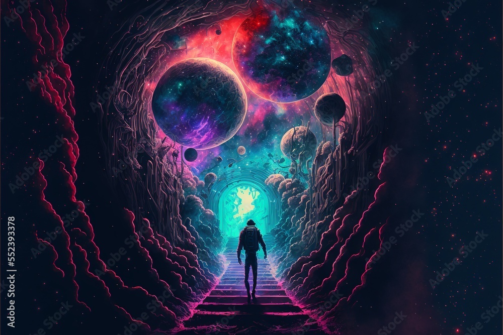 Space traveler ascending stairs into a cosmic horror anomaly on an ...