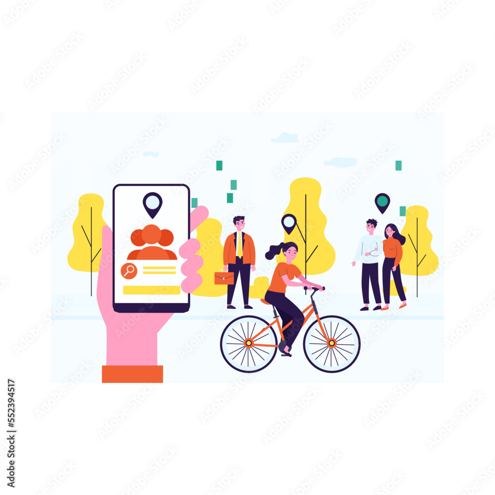 Geolocation function in modern gadgets. Flat vector illustration. Hand ...