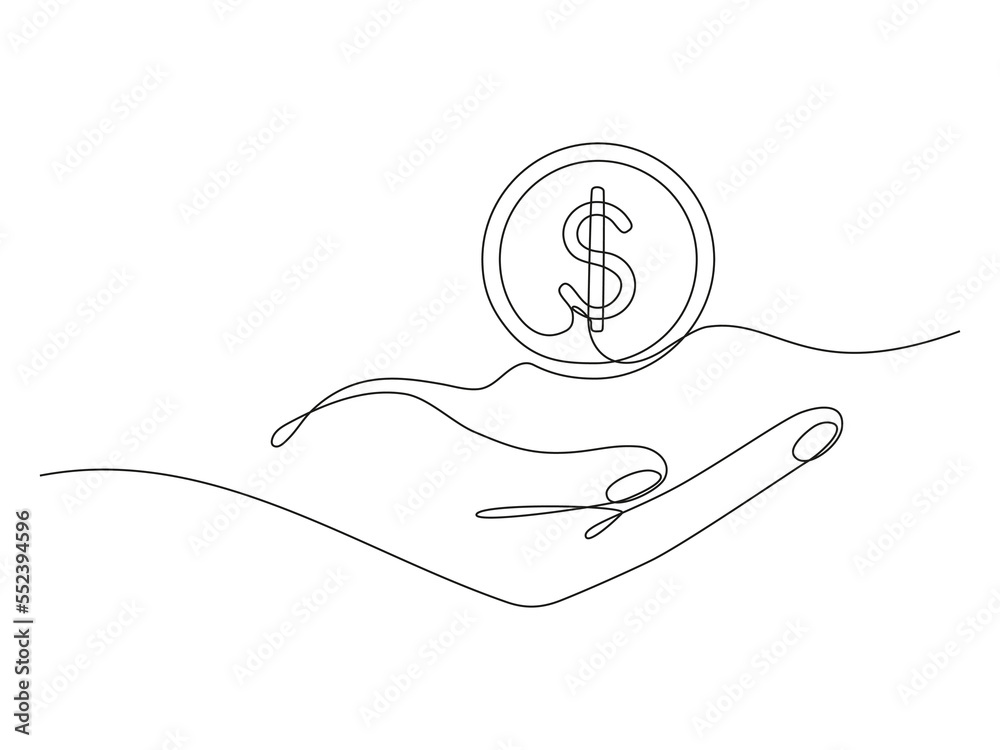 Hand holding coin continuous one line drawing art. Dollar linear symbol ...