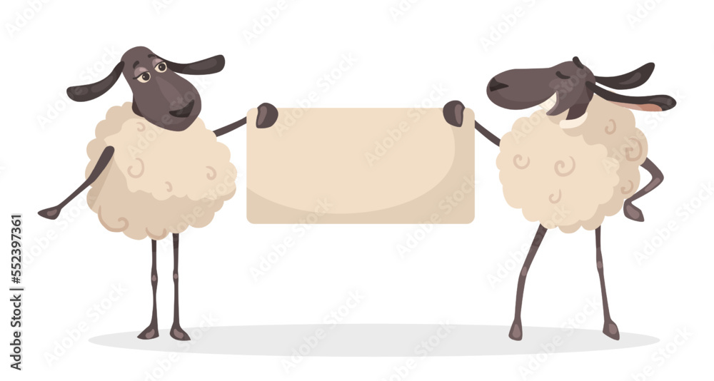 Two comic sheep holding empty banner vector illustration. Cartoon ...