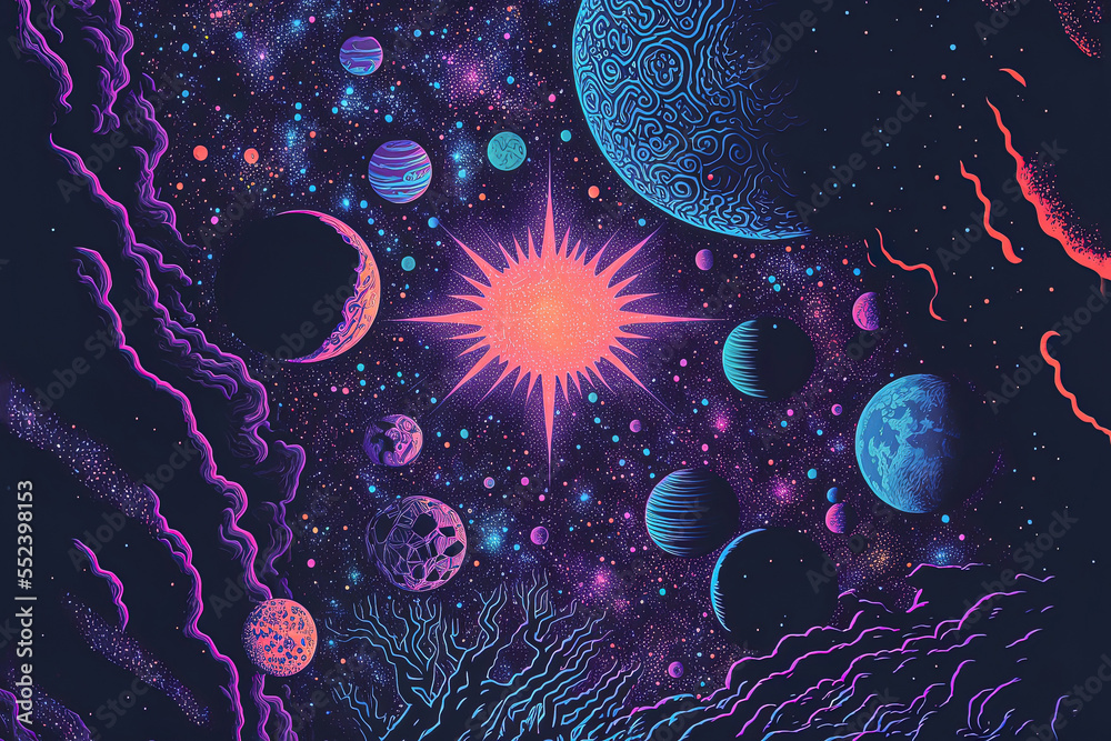 Colorful vintage artwork of space. Digital retro cartoon of planets and ...