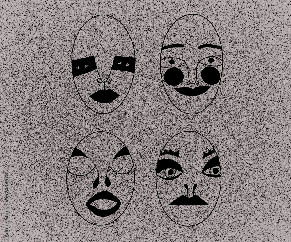 surreal weird heads with different facial expressions and emotions on a ...