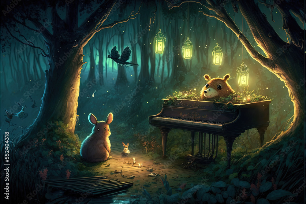 Storybook concept art of animals listening to a piano concert at night ...