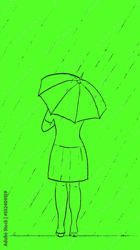 2d Animation motion graphics drawing of a woman standing with umbrella ...