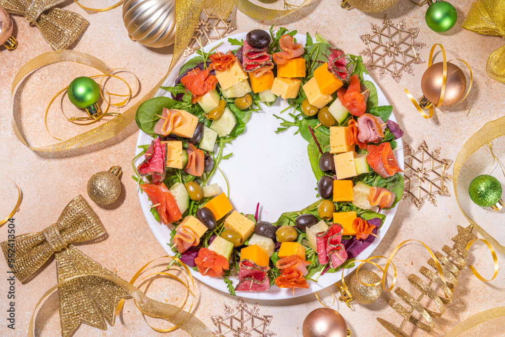 Christmas party dinner, trendy layout appetizers. Charcuterie wreath ...