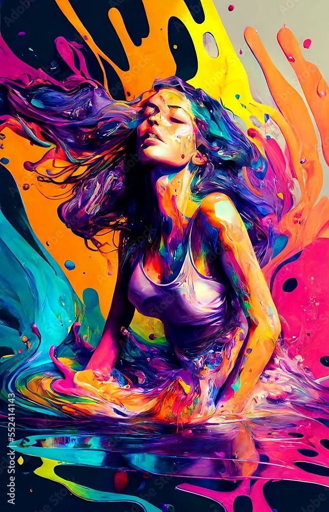 Dynamic image of a woman stomping in a puddle of rainbow liquid energy ...