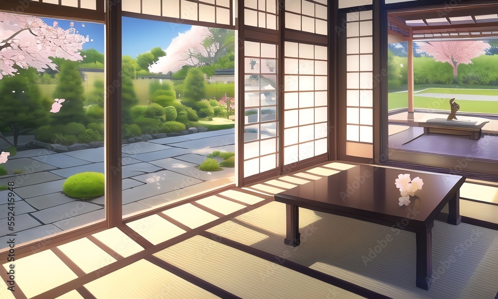 Beautiful traditional japanese living room with sliding doors opened ...