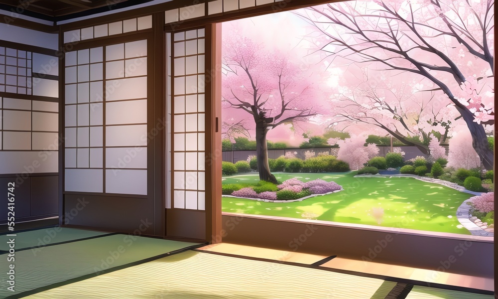 ภาพประกอบสต็อก Beautiful traditional japanese living room with sliding ...