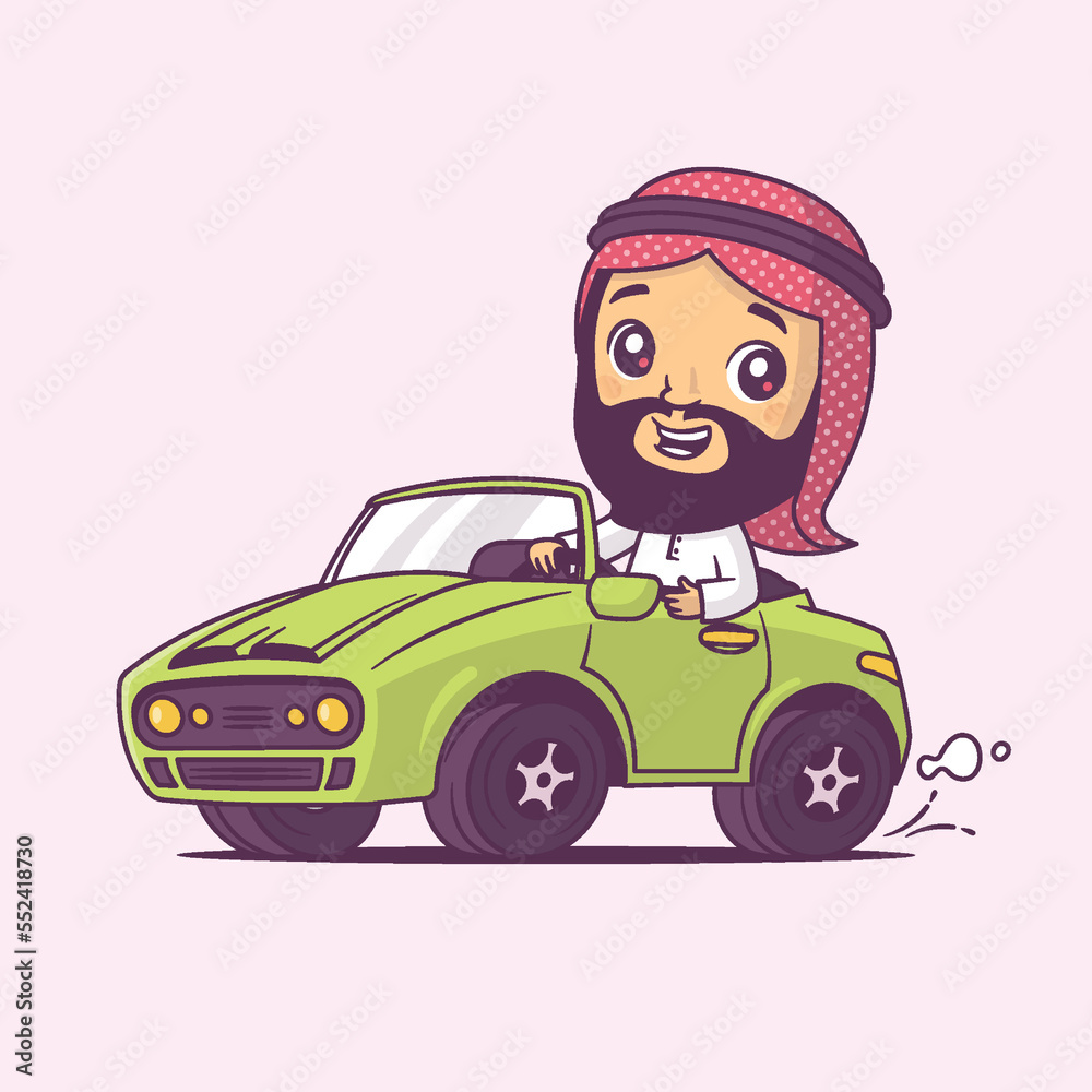 Happy Arabic man driving green sports car vector cartoon illustration ...