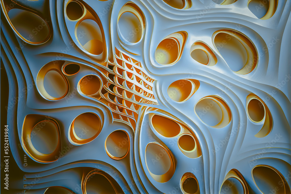 Abstract parametric drawings and geometries in gold with white shapes ...