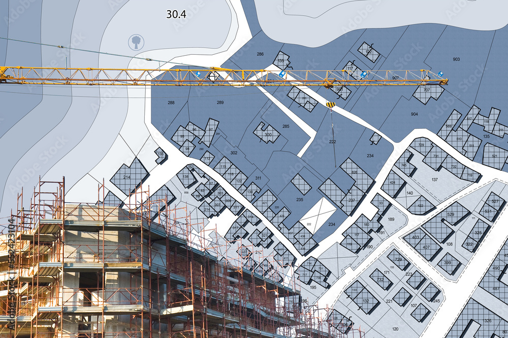 Building a new city - concept with an imaginary cadastral map of ...