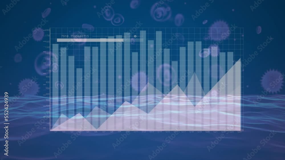 Animation of graphs, loading bar, red blood cells and virus infected cells against blue ...