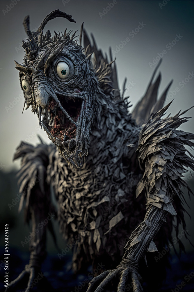 Scary nightmare alien monster made of trash in the city. Ugly garbage ...