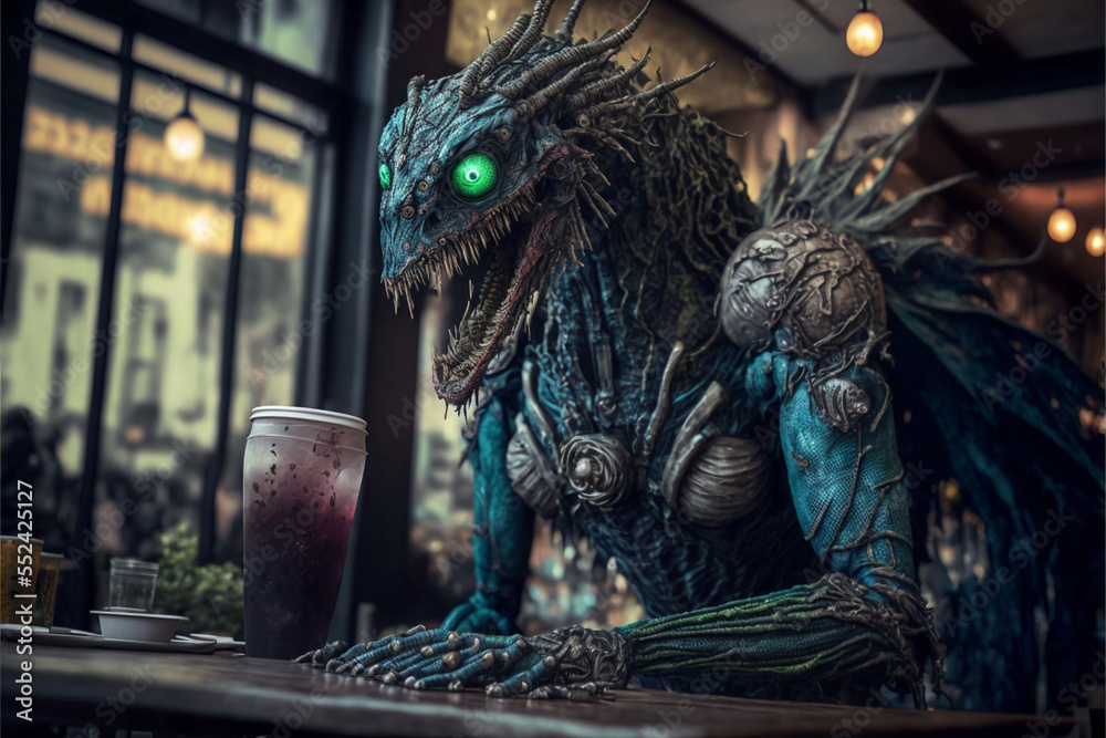 Scary nightmare alien monster made of trash in the city. Ugly garbage ...