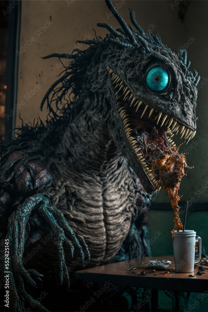 Scary nightmare alien monster made of trash in the city. Ugly garbage ...