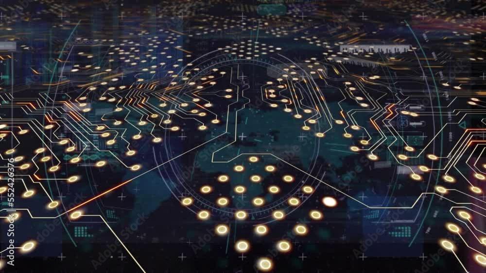 Animation of microprocessor connections and scope scanning over world ...