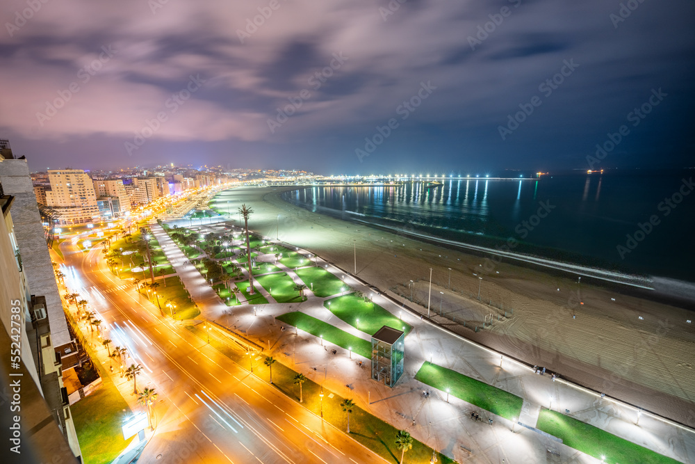 Panoramic view over the buildings downtown Tanger at night in Morocco ...