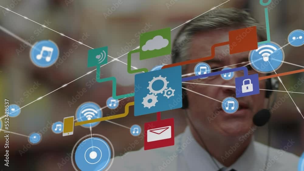 Animation icons flow chart, icons connected, caucasian man giving ...