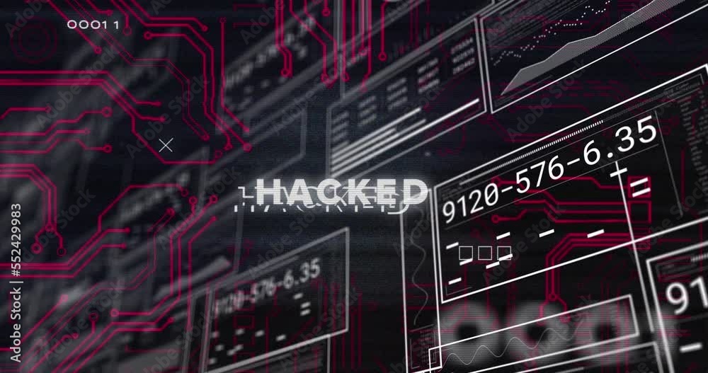 Animation of hacked text, hud interfaces, binary codes, circuit board texture over black ...