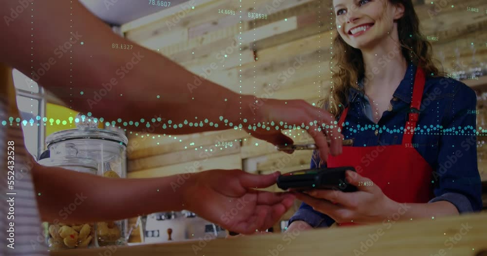 Animation of data processing over hands paying with smartphone Stock ...