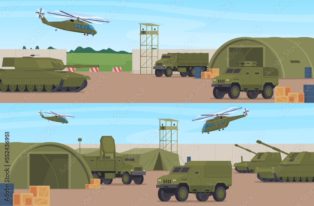 Military camp. Military armored vehicles and aviation equipment ...