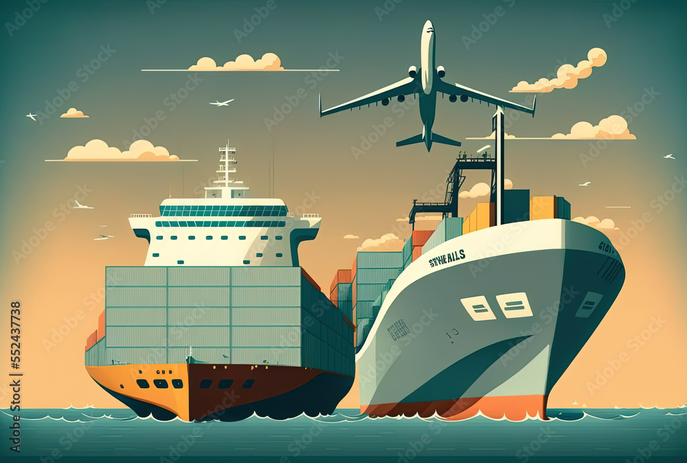 Illustration of container cargo ship and cargo plane transportation and ...