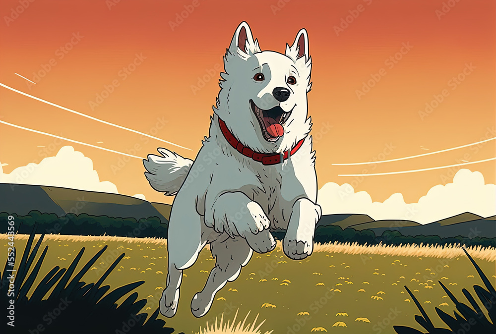 Running and bouncing in a rural setting is a white dog with a red ...