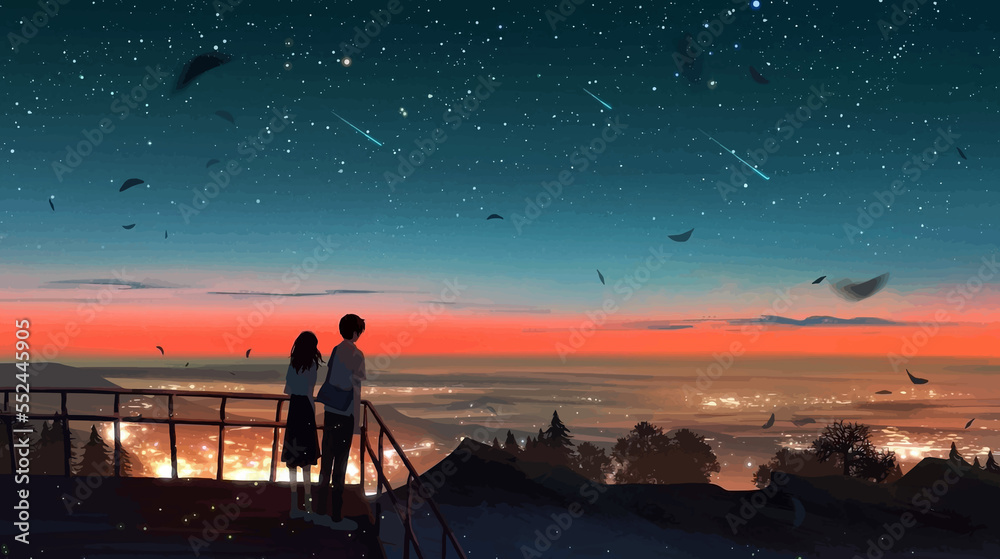 couple enjoying night sky together anime digital art illustration paint ...