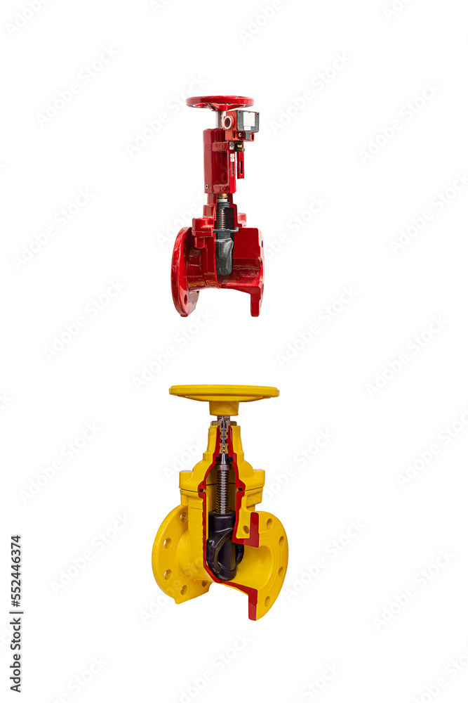 longitudinal and cross sections of small-sized gas valves isolated on ...