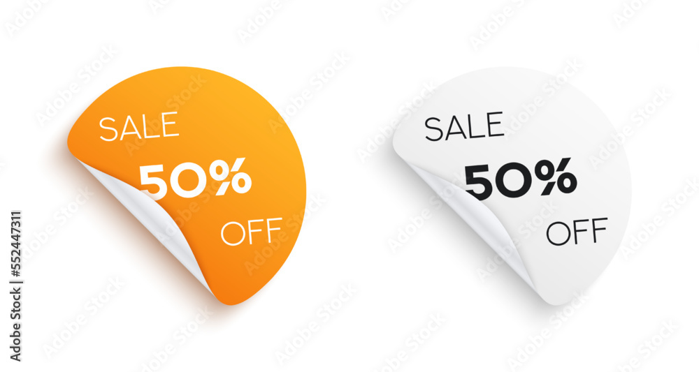 50 percent off discount stickers tag. Realistic round orange and white ...