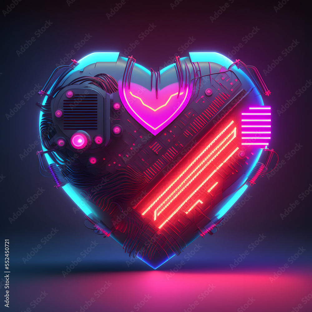 cyberpunk high-tech neon glowing heart, cyber valentines day concept ...