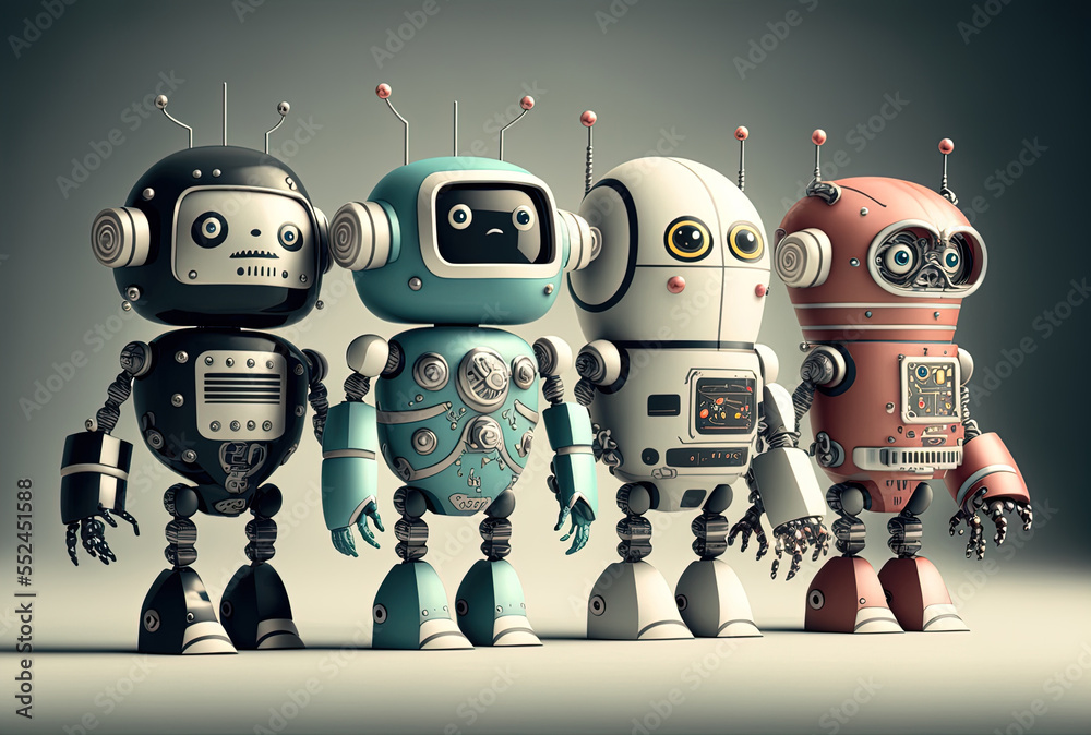 charming artificial intelligence robots in a group wearing cartoon ...