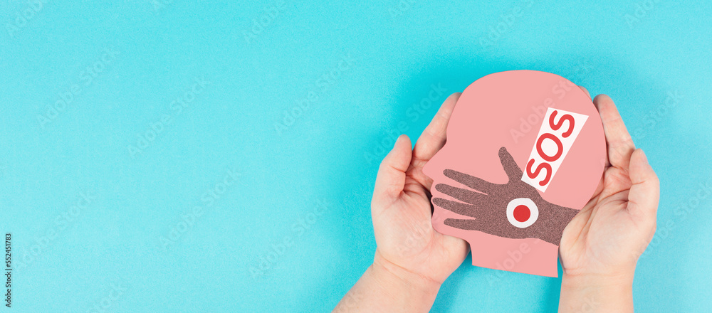 Domestic violence, hand hits face, sos on exclamation mark ...