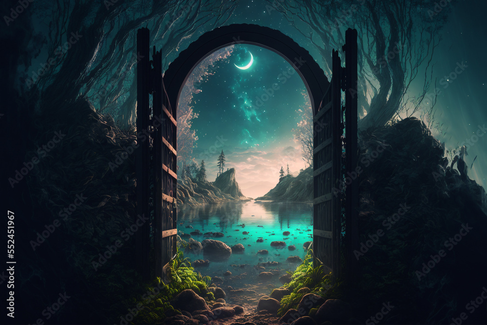 Gate to other world , fantasy theme illustration of the door that open ...