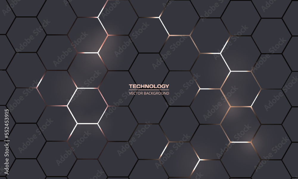 Dark gray hexagonal technology vector abstract background. Bright energy flashes under hexagon ...