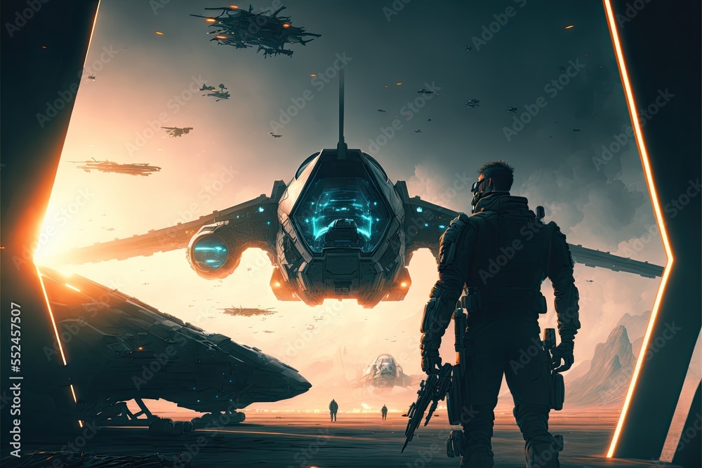 Science fiction space battle war scene with soldiers and spaceships ...