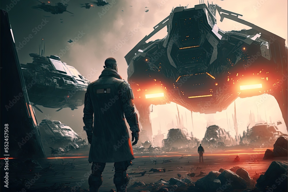 Science fiction space battle war scene with soldiers and spaceships Stock Illustration | Adobe Stock