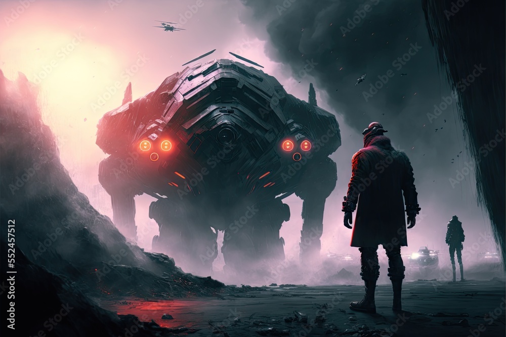 Science fiction space battle war scene with soldiers, mecha cyborgs and ...