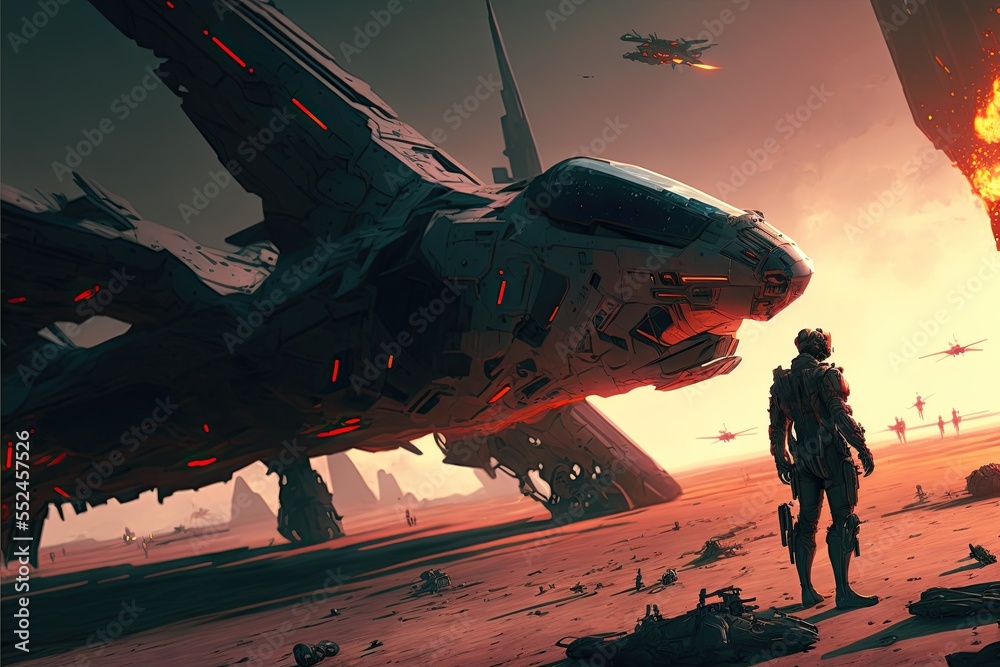 Science fiction space battle war scene with mecha cyborg soldier and spaceship Stock ...