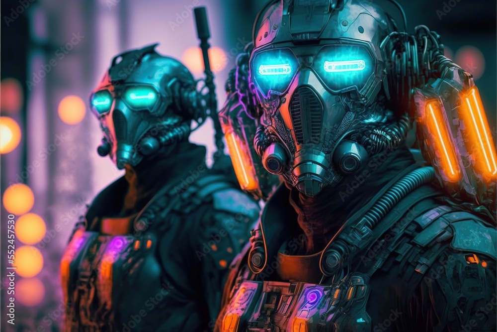 Future soldier character duo in neon gas masks Stock Illustration ...