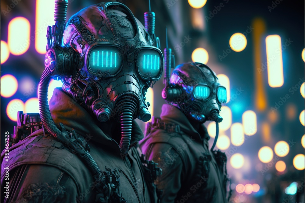 Future soldier character duo in neon gas masks ilustração do Stock ...
