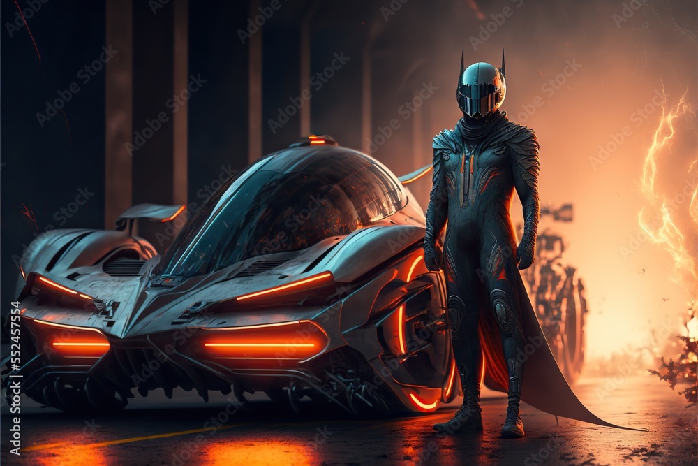 Leather suited sports car driver with helmet stands in front of hyper ...