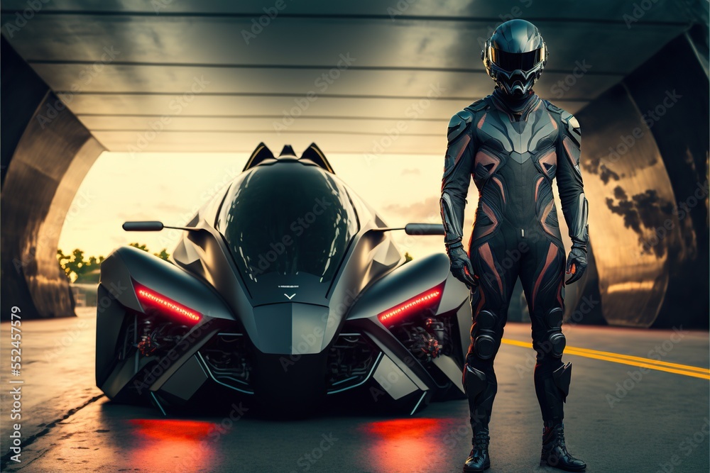 Leather suited sports car driver with helmet stands in front of hyper ...
