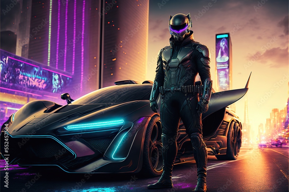 Leather suited sports car driver with helmet stands in front of hyper ...
