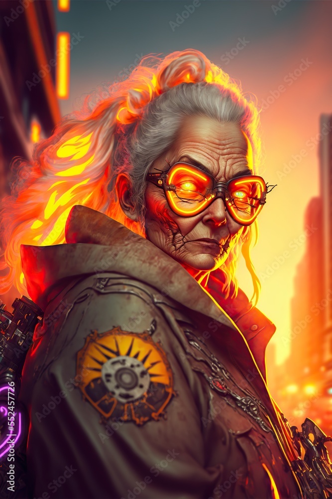 Cool old cyberpunk grandma in the future with neon gold glasses and ...