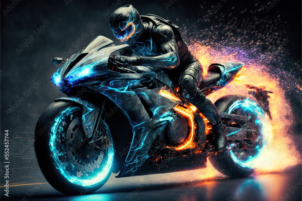Moto racer speeding through streets on neon motorcycle. Burning speed ...
