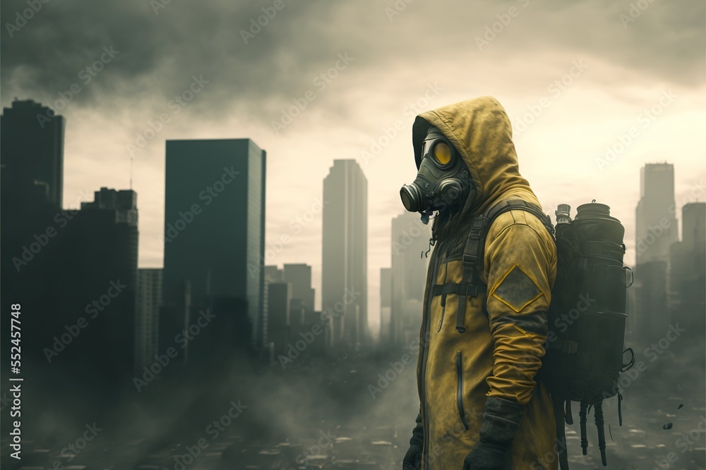 Dystopian post-apocalyptic scene with person in yellow jacket and gas ...